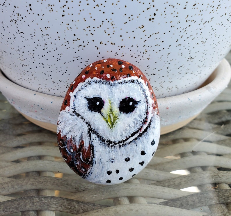 Little Barn Owl Hand Painted Pebble, Amulet Owl Rock, Plant Pot ...