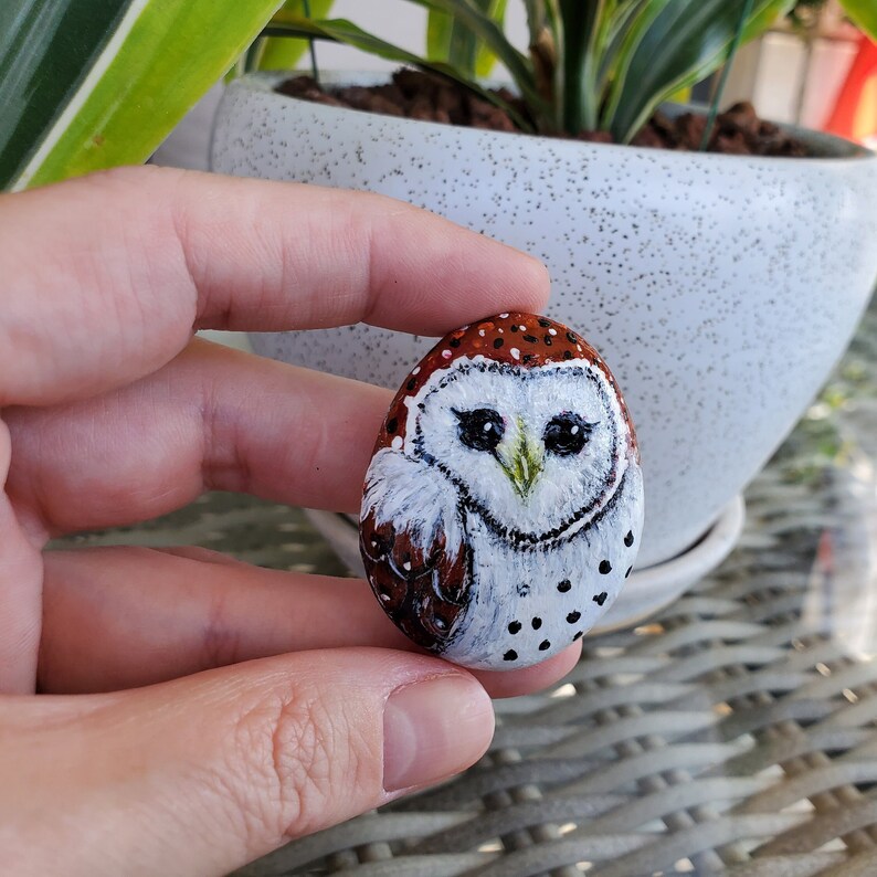 Little Barn Owl Hand Painted Pebble, Amulet Owl Rock, Plant Pot ...