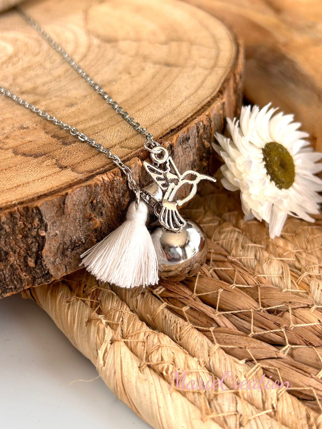 Pregnancy Bola - Hummingbird & White Pompom - Maternity Necklace for ...