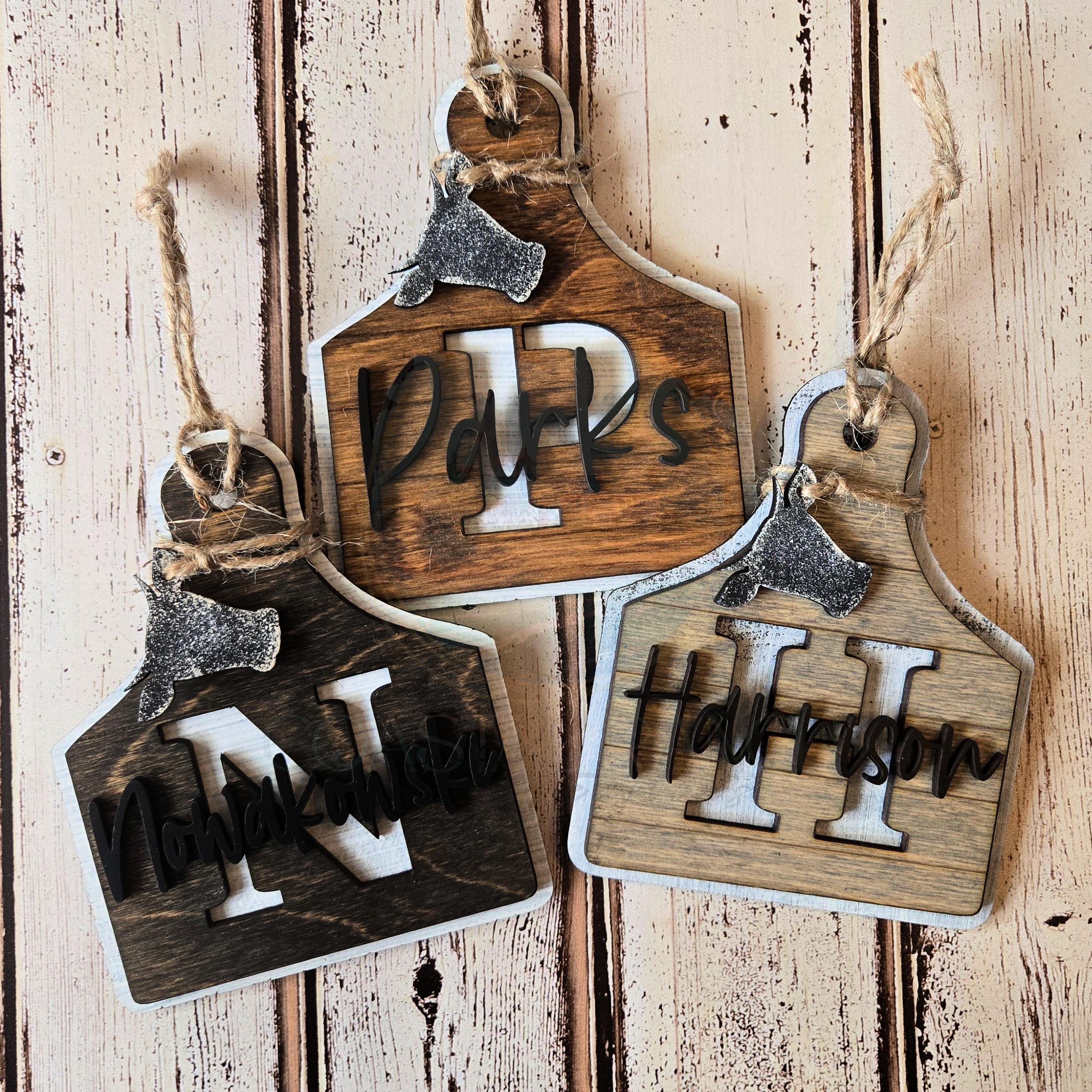 Personalized Wooden Cow Tag Ornament • Custom Farmhouse Family Name ...