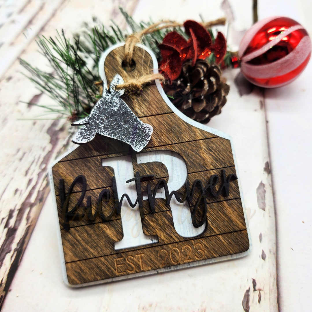Personalized Wooden Cow Tag Ornament • Custom Farmhouse Family Name ...