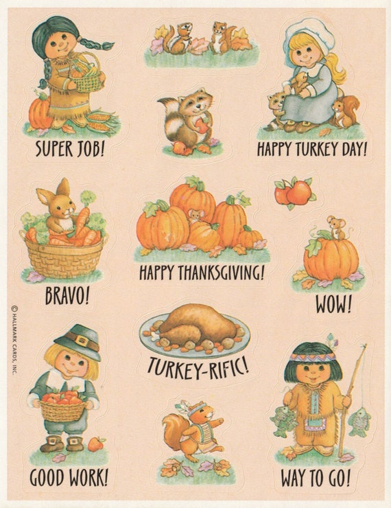 Stickers Vintage Hallmark Sticker Sheet Thanksgiving Teddy Bears with ...