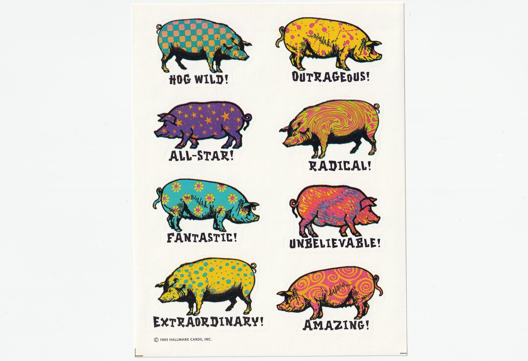 Vintage 1990s Bright and Colorful Pig Sticker Sheet by Hallmark, 1995 ...