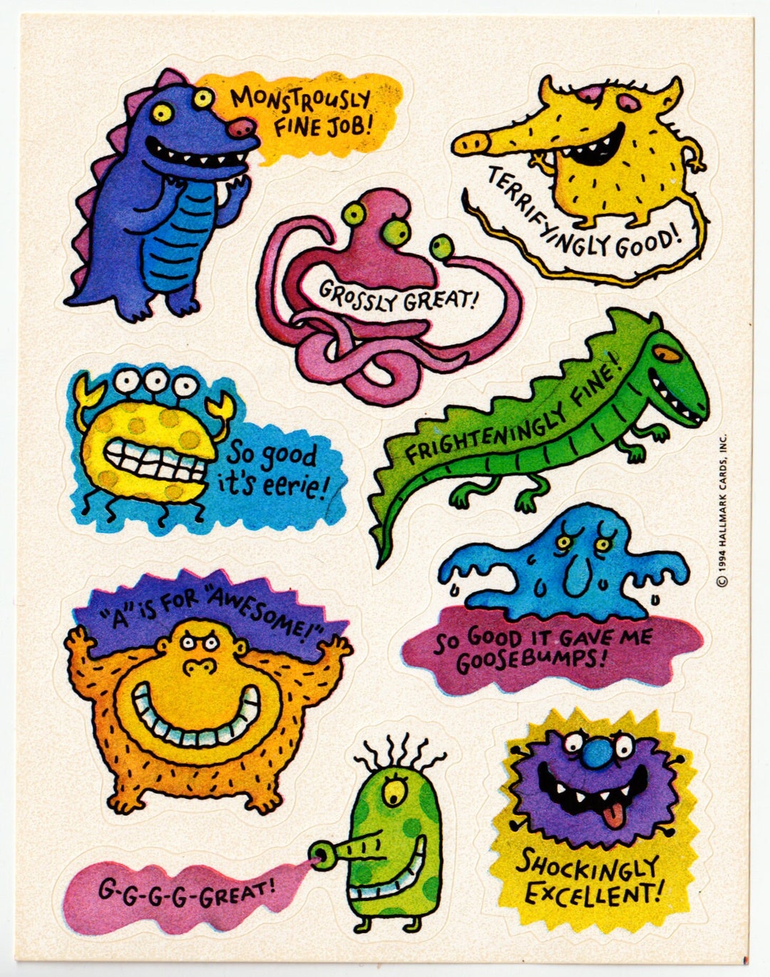 1980s 1990s Hallmark Vintage Reward Sticker Sheet: Monsters, Fine Job ...