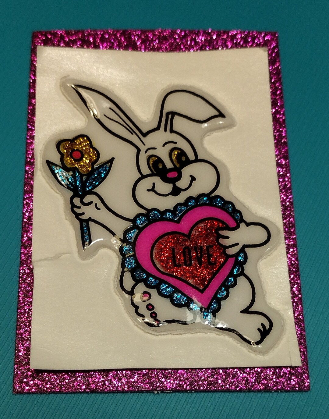 1980s Vintage Glitter Puffy Sticker, White Bunny Rabbit With Heart, I ...