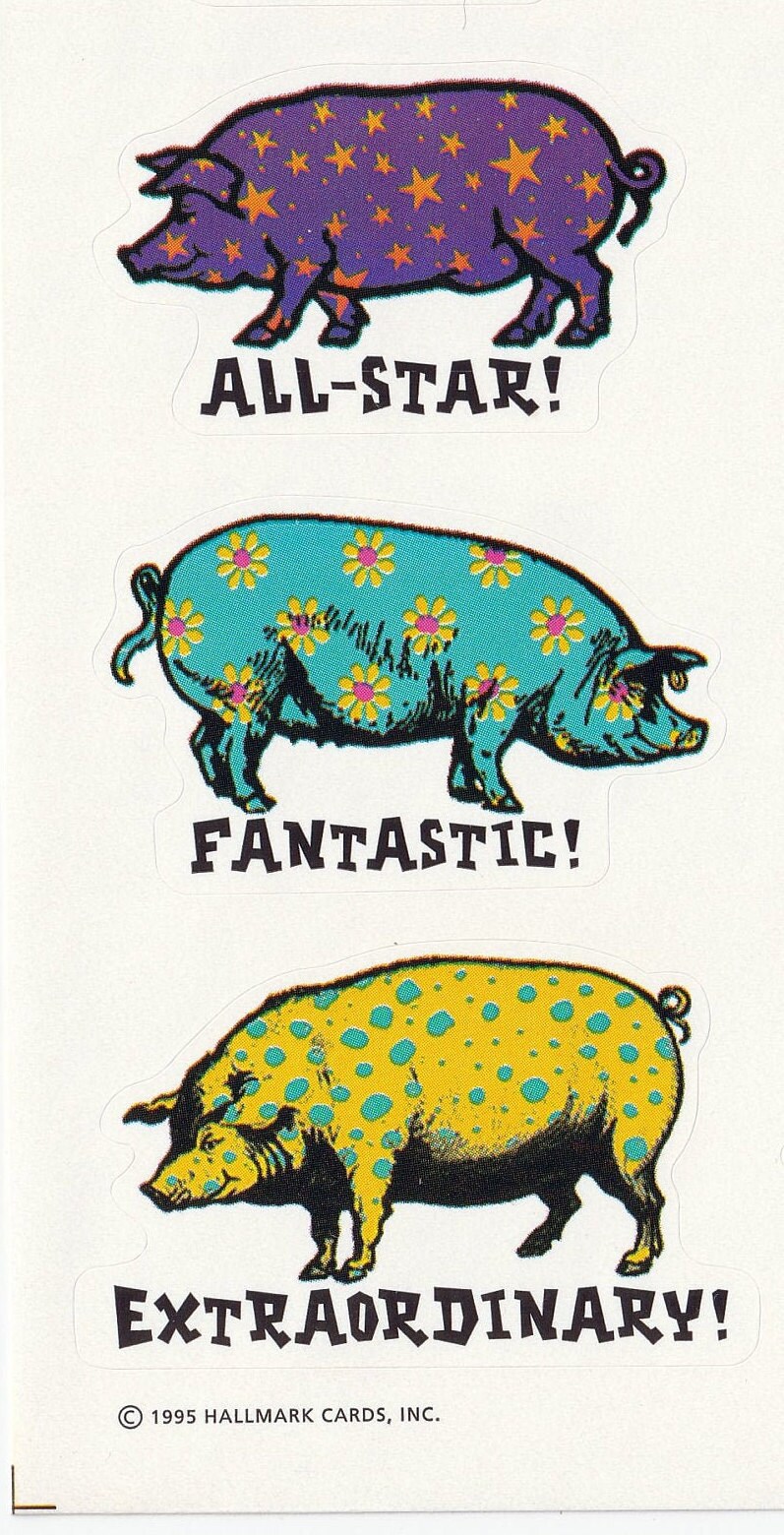 Vintage 1990s Bright and Colorful Pig Sticker Sheet by Hallmark, 1995 ...
