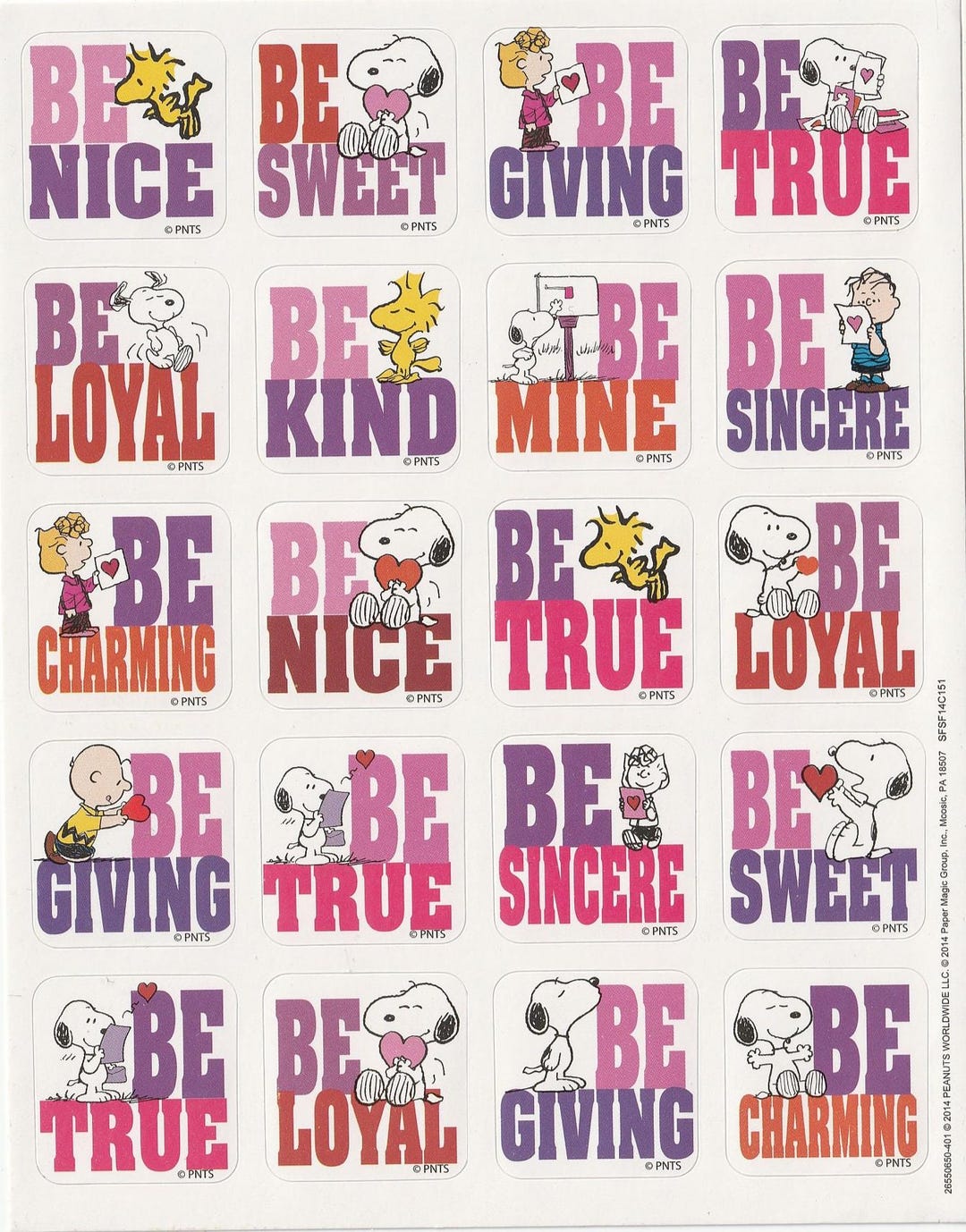 2014 Sticker Sheet: Hallmark Peanuts, Charlie Brown, Snoopy Be Nice, Be ...