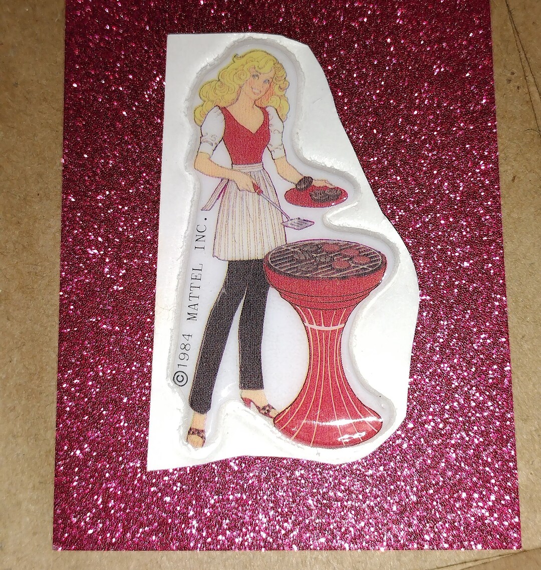 1980s Vintage Pink Barbie Doll Puffy Sticker, Barbie Grilling on a BBQ ...