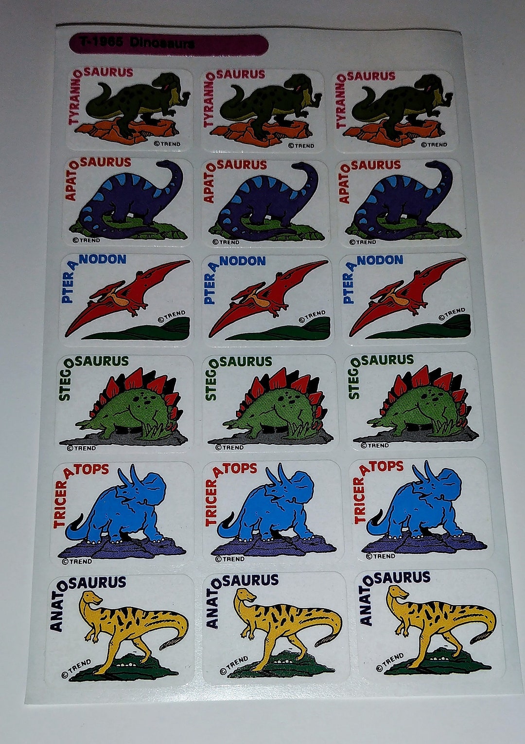 Vintage 1980s 1990s Sticker Sheet by Tend - Dinosaurs, T-1965, Single ...