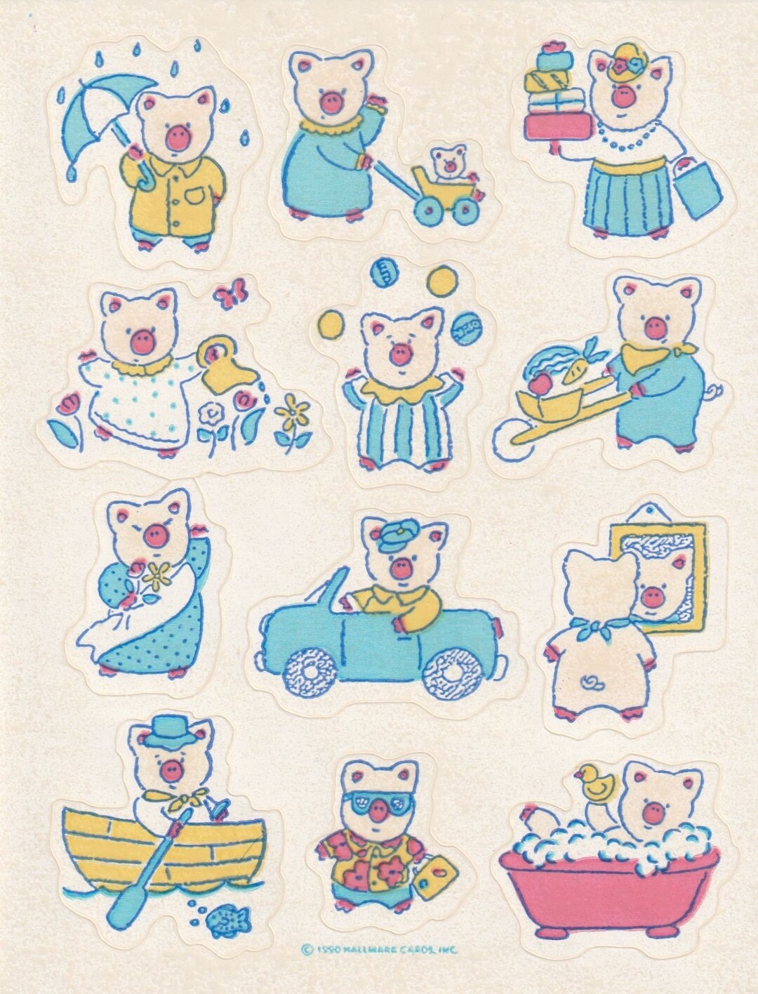 Vintage 1980s 1990s Blue Pigs Sticker Sheet, Pig in Rain With Umbrella ...