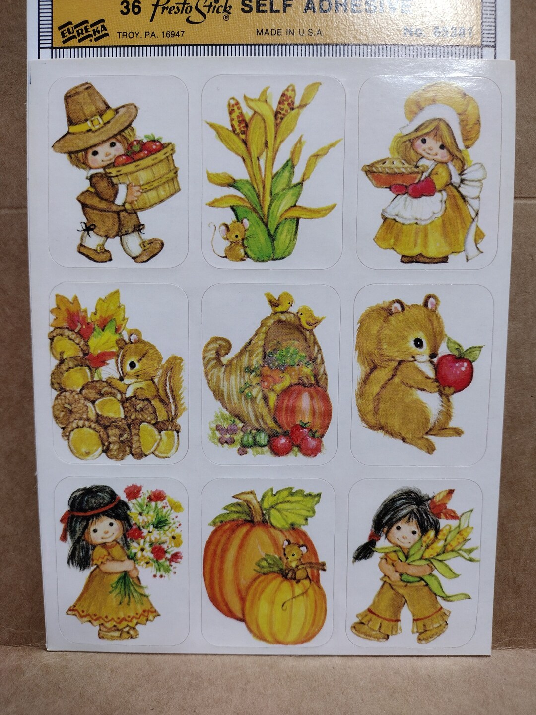 Vintage 1980s 1990s Eureka Presto Stick Thanksgiving Sticker Sheet, 9 Fall Squares, Pilgrim ...