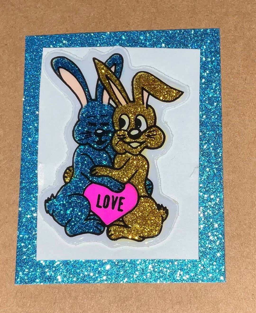 1980s Vintage Glitter Puffy Sticker, Gold & Blue Bunny Rabbits Hugging ...