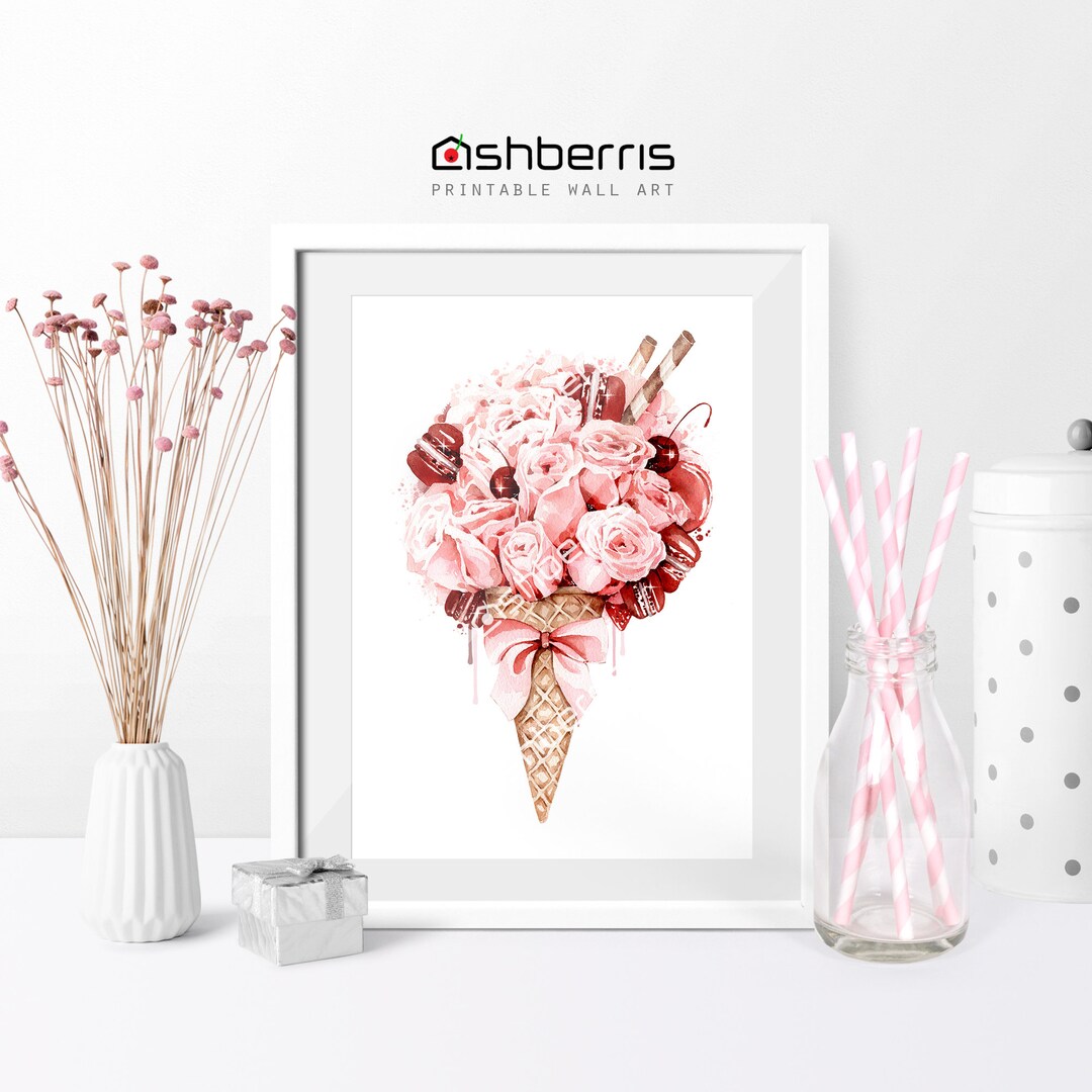 Watercolor Ice Cream Roses Wall Art Pink Home Decor Printable Dessert ...