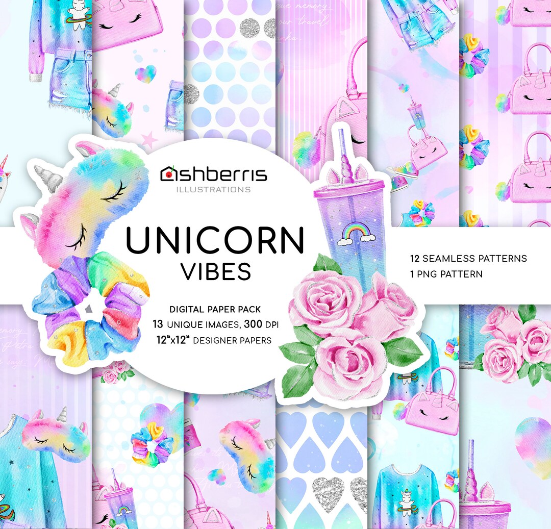 Unicorn Paper Digital, Unicorn Pattern Paper, Colorful Paper Pack ...