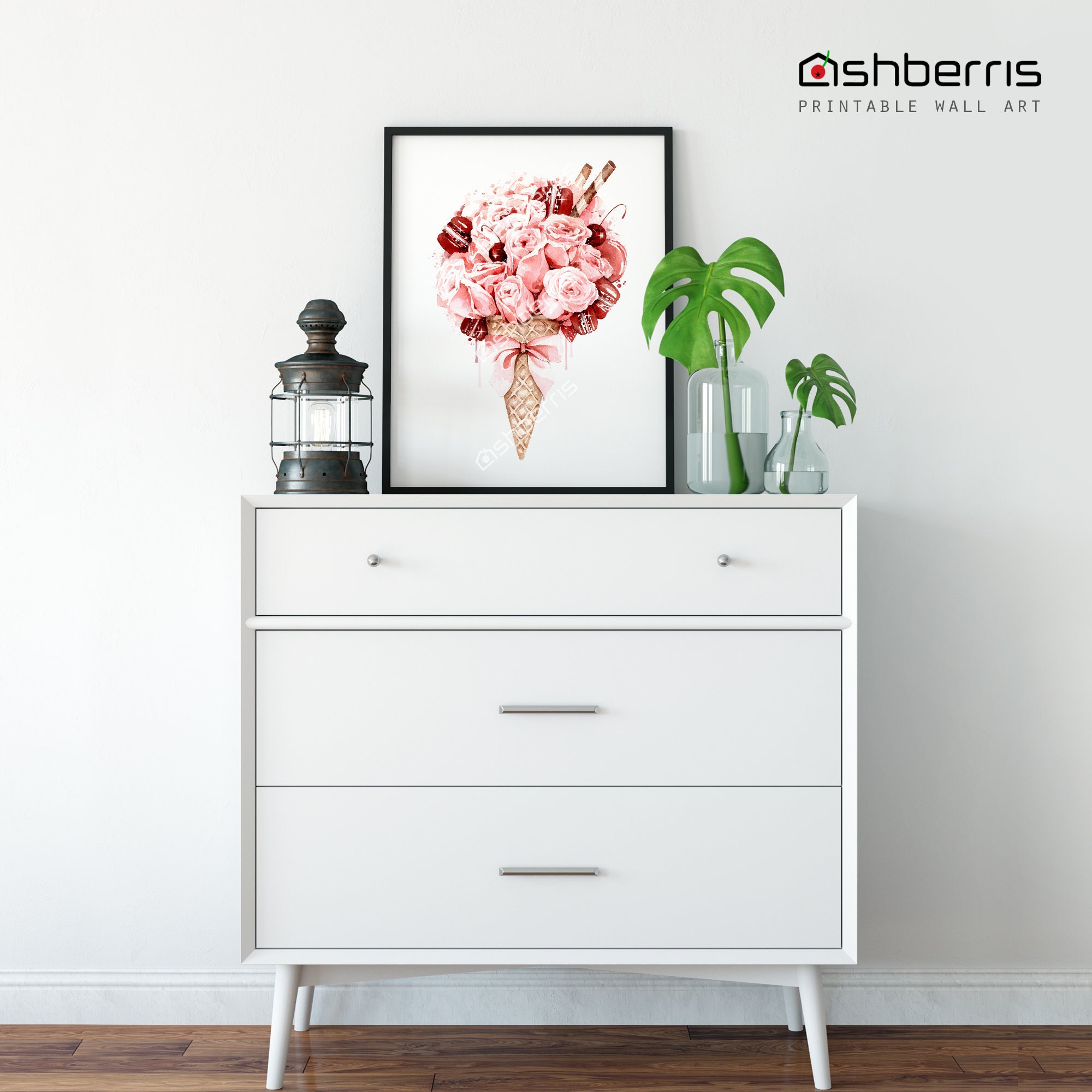 Watercolor Ice Cream Roses Wall Art Pink Home Decor Printable Dessert ...