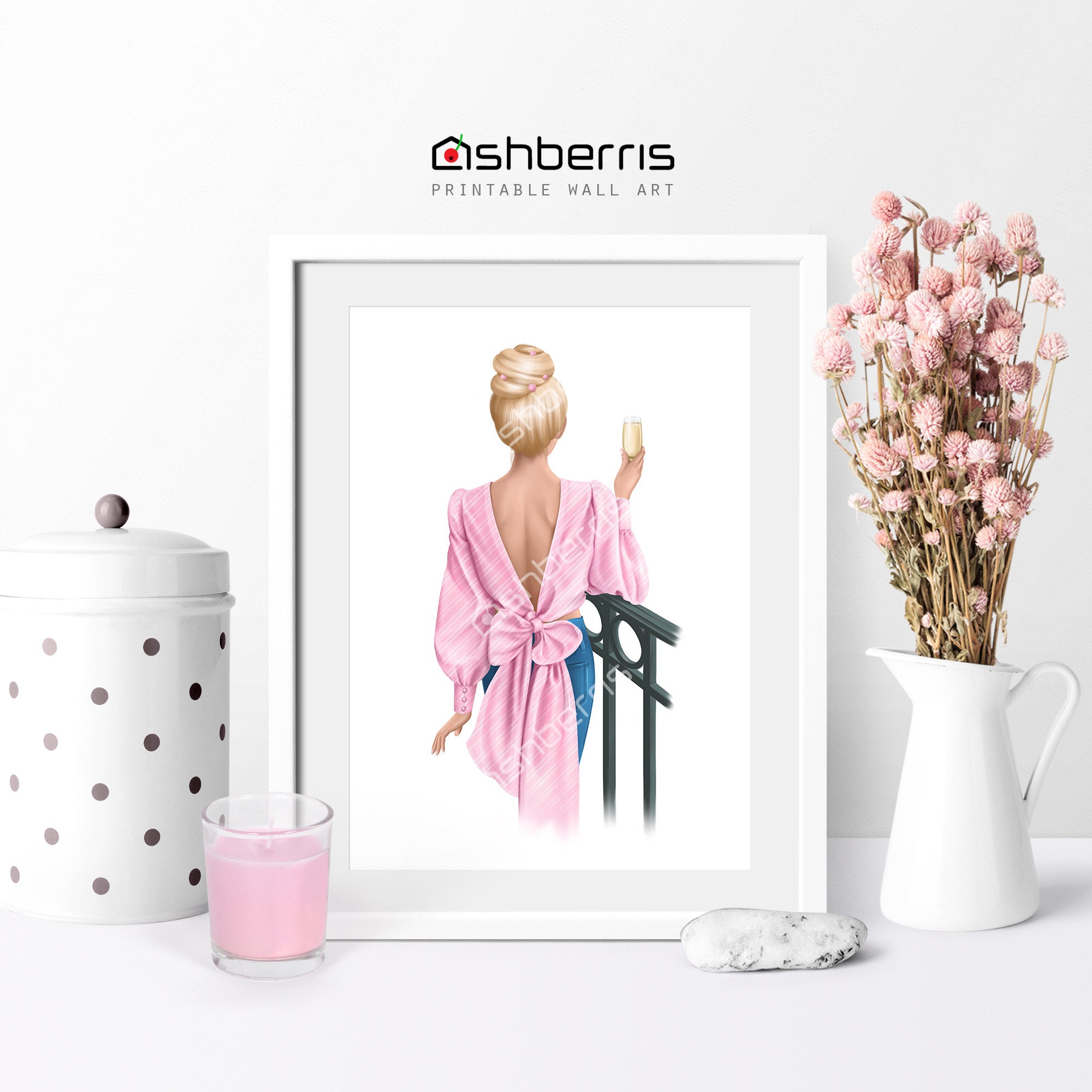 Fashion Girl With Glass Pink Fashion Print Glam Printable Wall Art ...