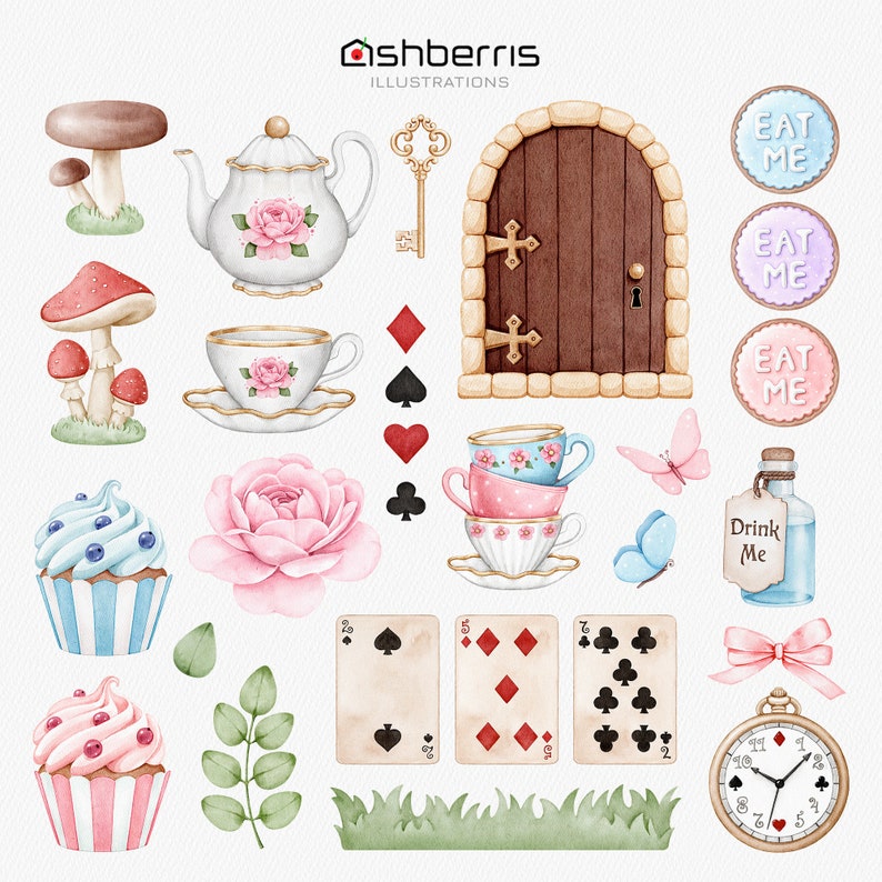 Alice in Wonderland Clipart Elements Watercolor Alice Clip Art - Etsy ...
