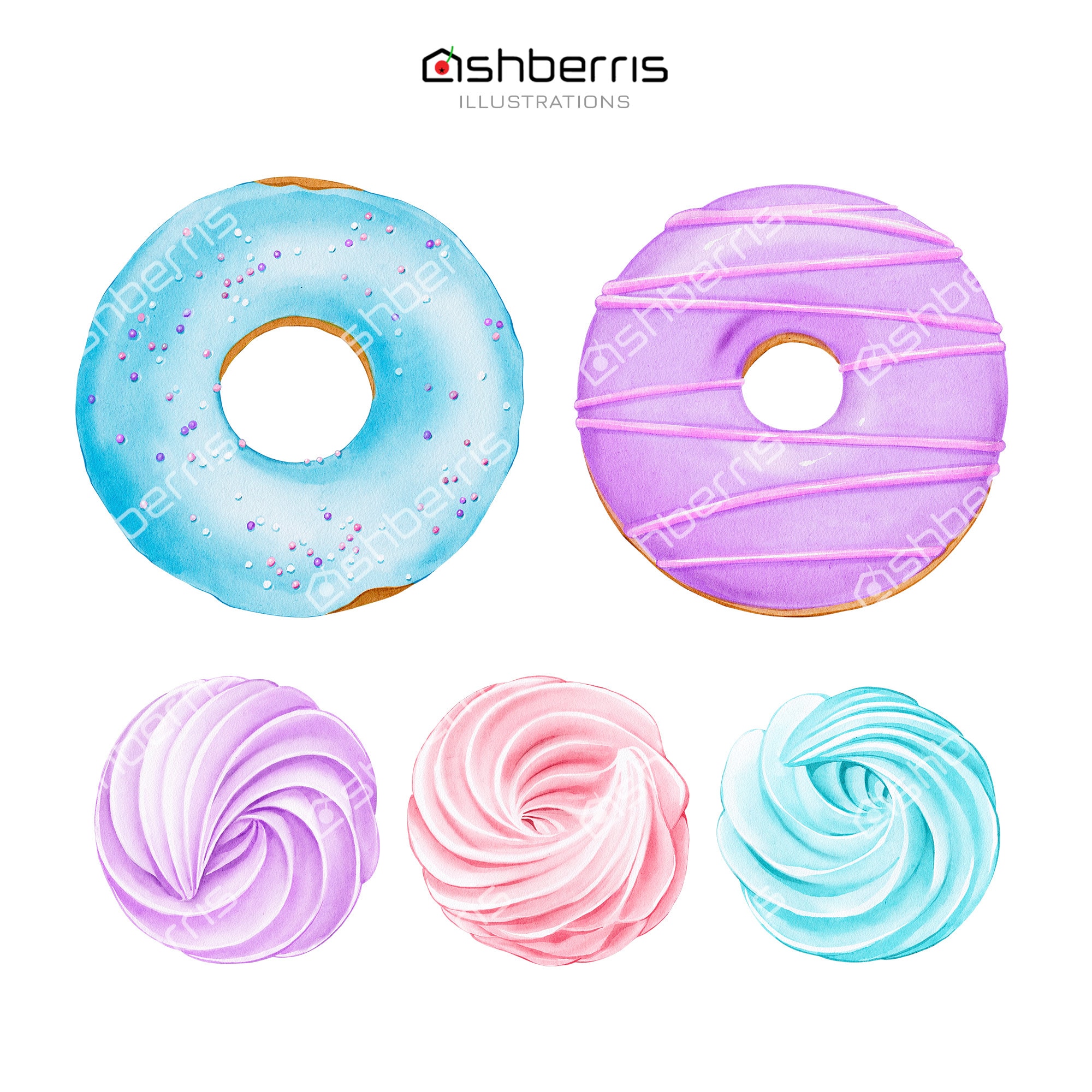 Dessert Clipart Watercolor Elements Colorful Clip Art Donuts - Etsy