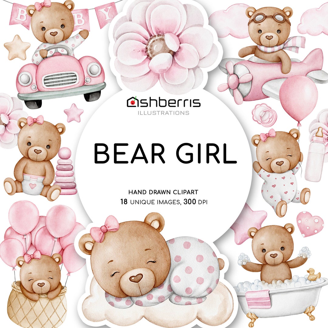Baby Bear Girl Clipart, Watercolor Clipart Elements, Baby Girl Clip Art ...