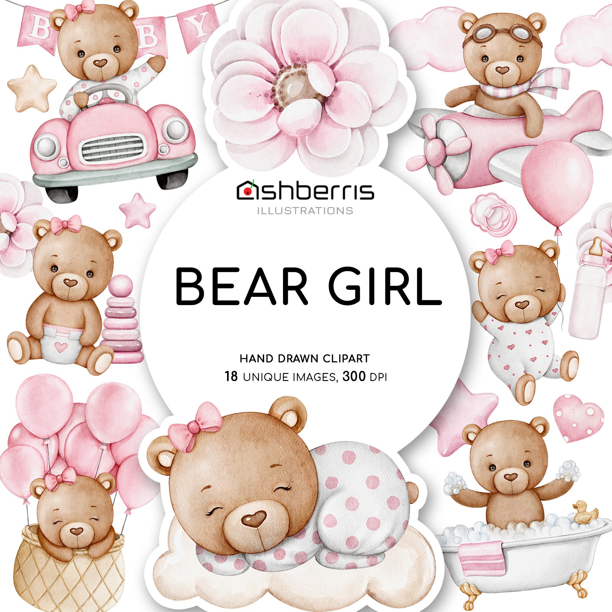 Baby Bear Girl Clipart, Watercolor Clipart Elements, Baby Girl Clip Art ...