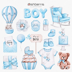 Baby Boy Clipart Watercolor Art Set, Baby Shower Clipart, Newborn ...