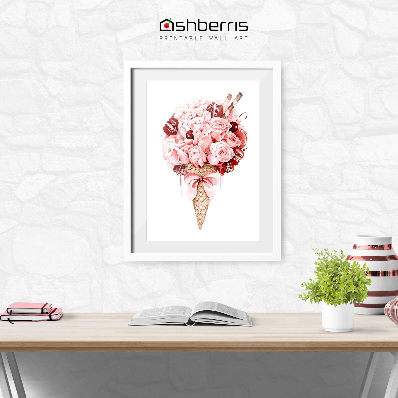 Watercolor Ice Cream Roses Wall Art Pink Home Decor Printable Dessert ...