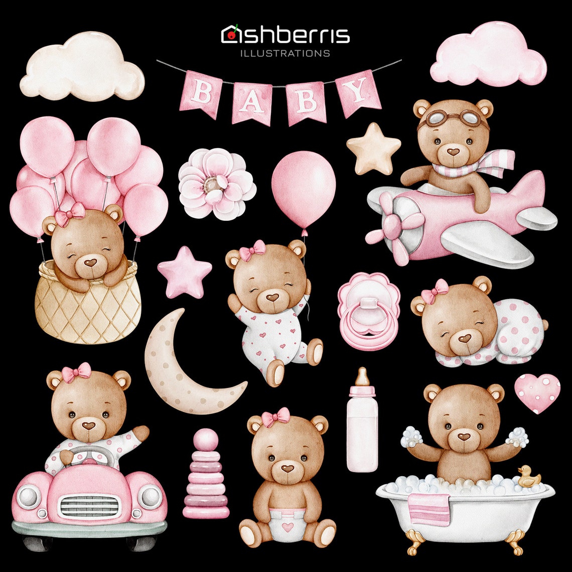 Baby Bear Girl Clipart Watercolor Clipart Elements Baby Girl - Etsy