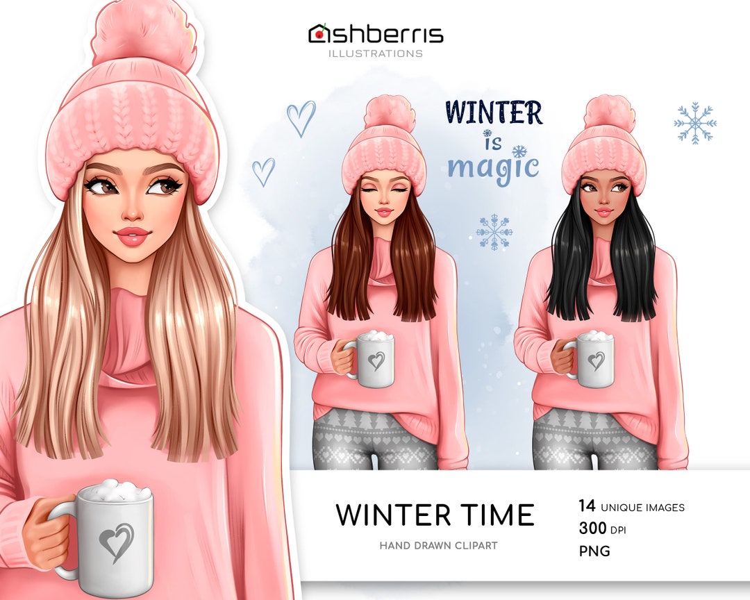 Winter Girls Clipart Elements, Girl With Coffee Clipart, Winter Girl ...
