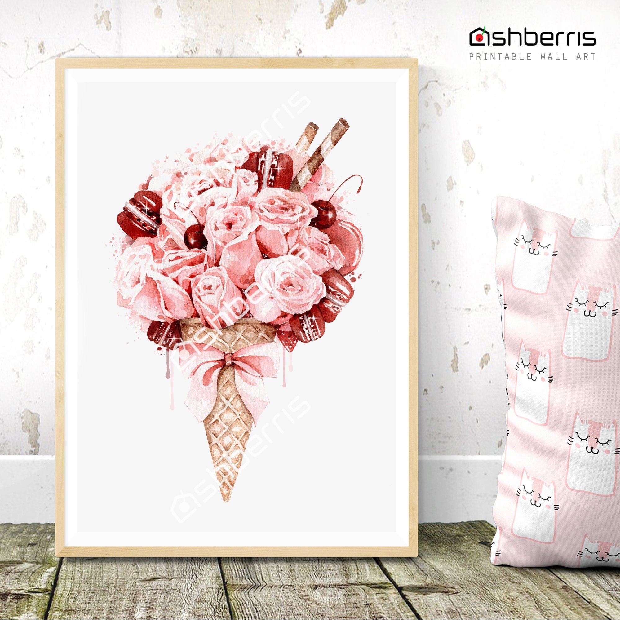 Watercolor Ice Cream Roses Wall Art Pink Home Decor Printable Dessert ...