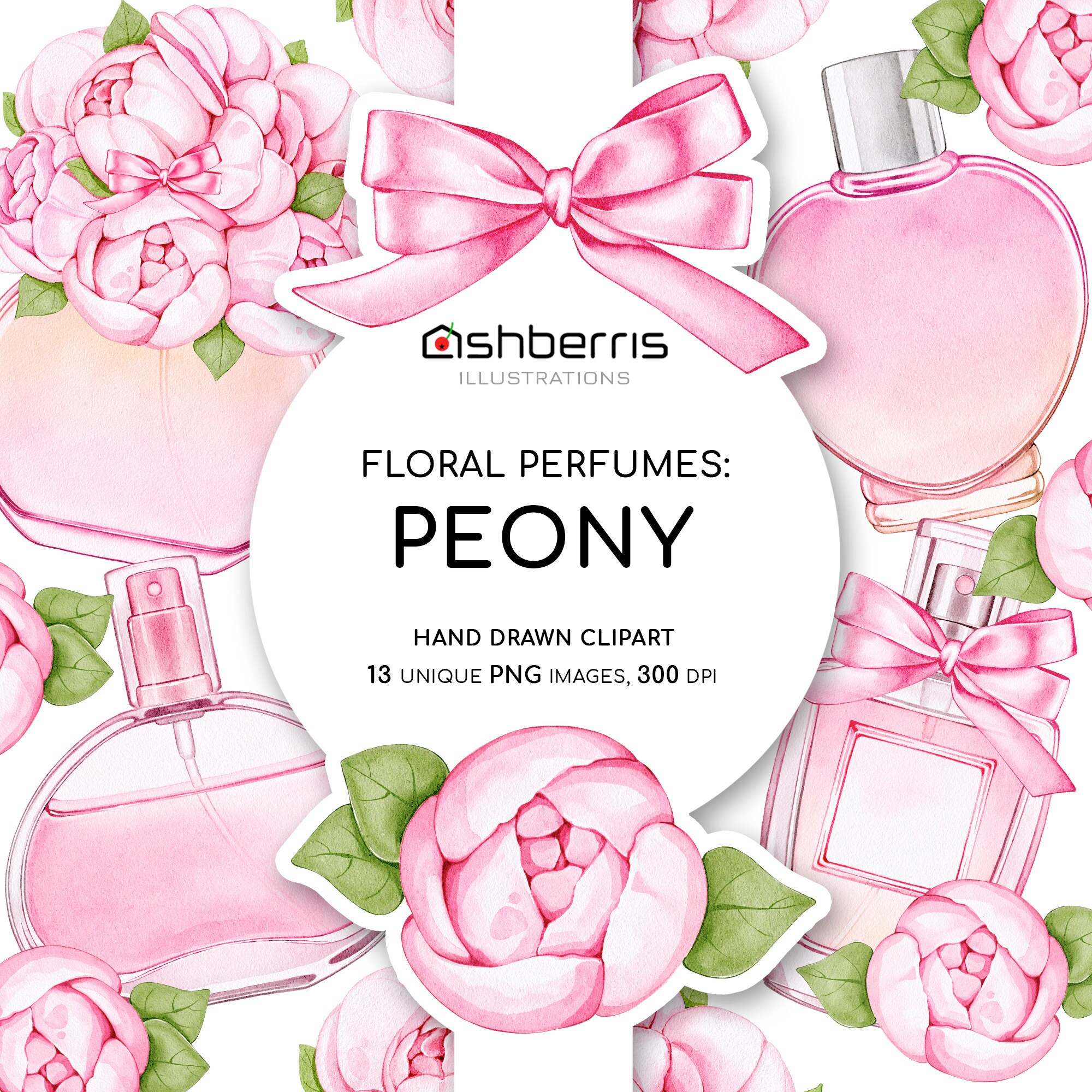 Watercolor Peony Clipart Elements, Fashion Clip Art Set, Floral Perfume ...