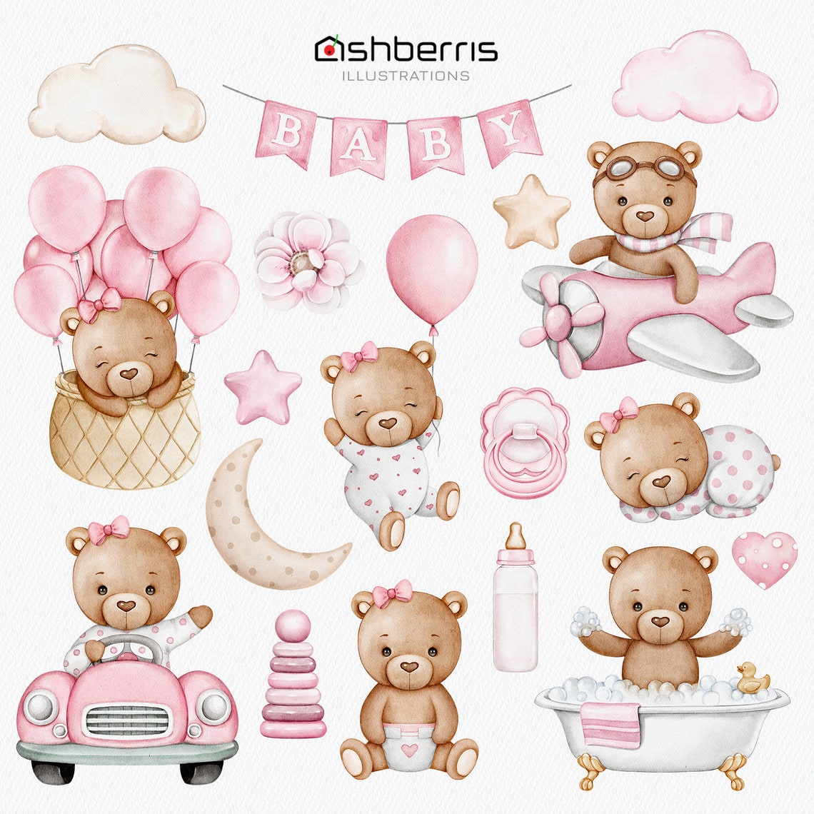 Baby Bear Girl Clipart Watercolor Clipart Elements Baby Girl - Etsy
