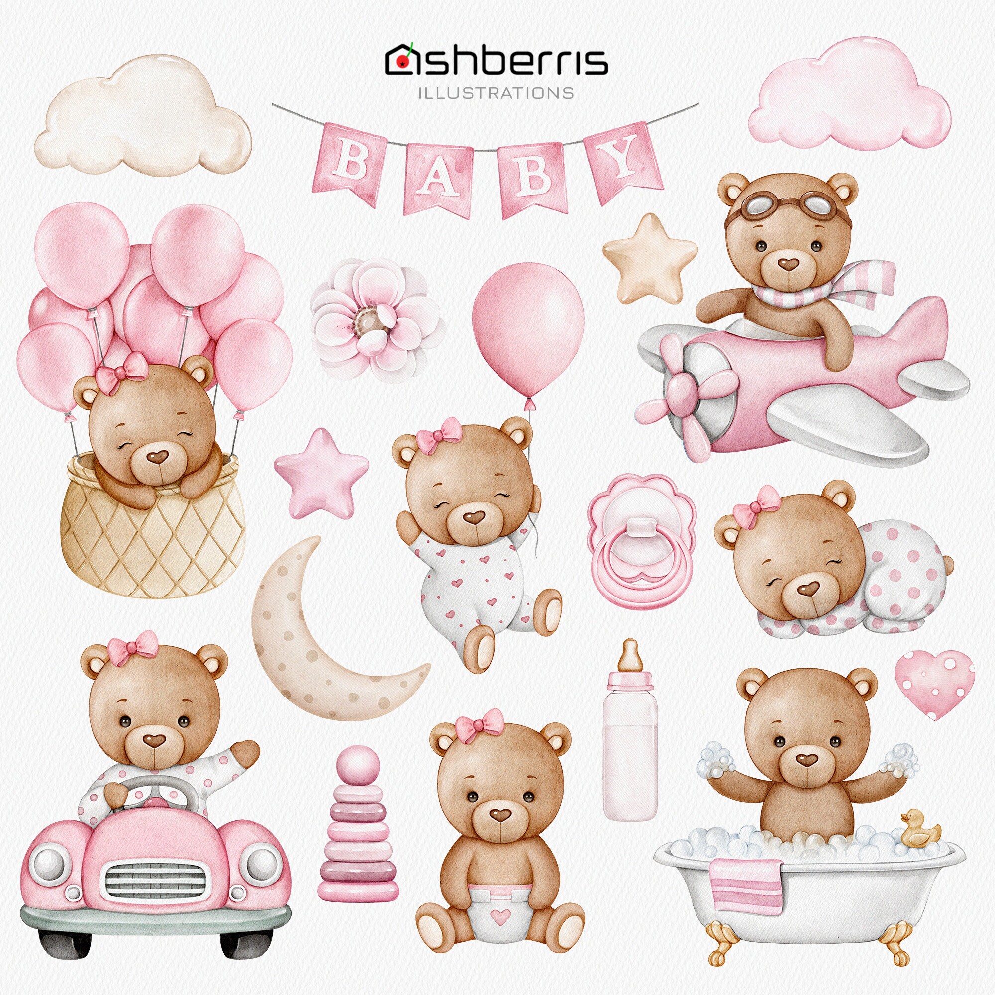 Baby Bear Girl Clipart, Watercolor Clipart Elements, Baby Girl Clip Art ...