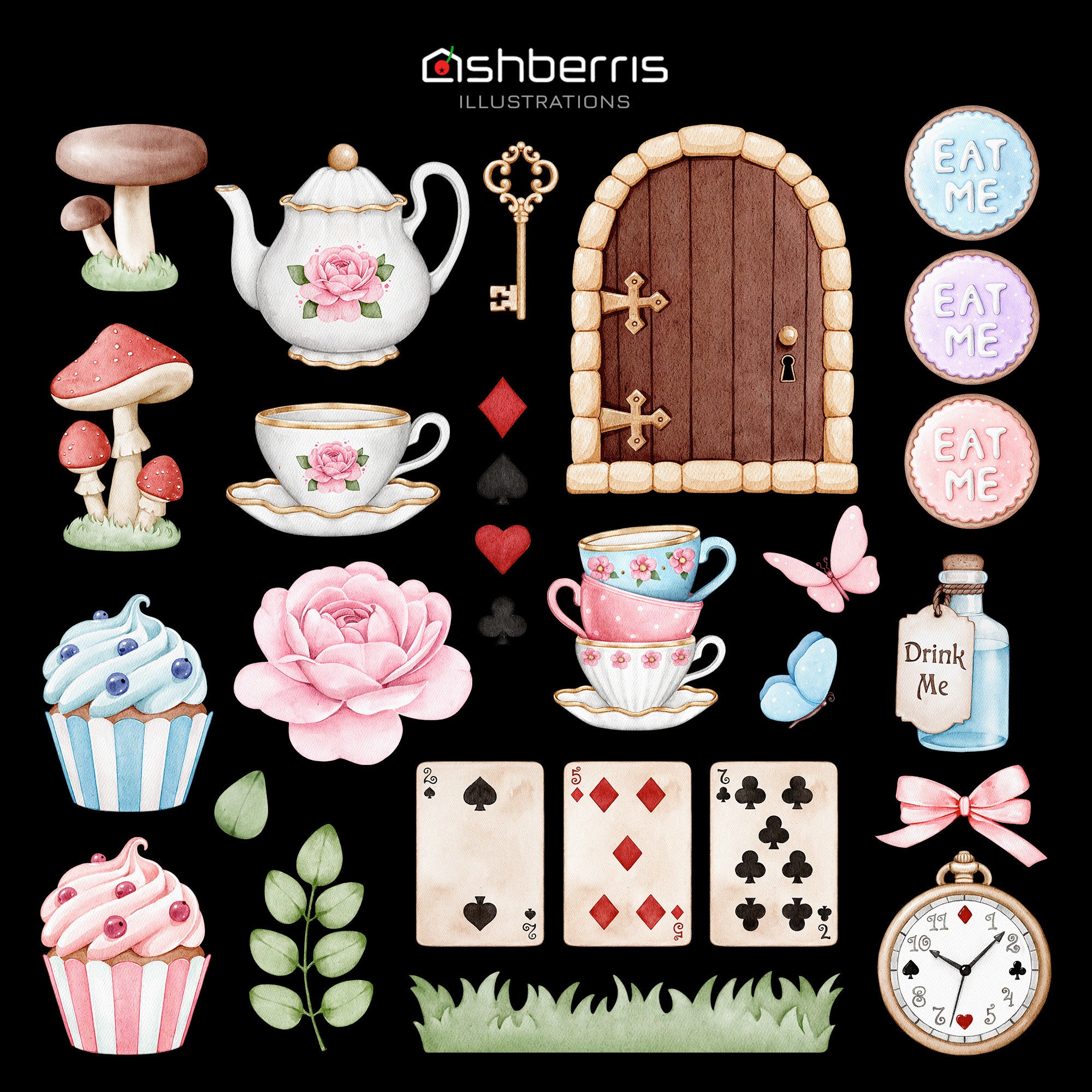 Alice in Wonderland Clipart Elements Watercolor Alice Clip Art - Etsy ...