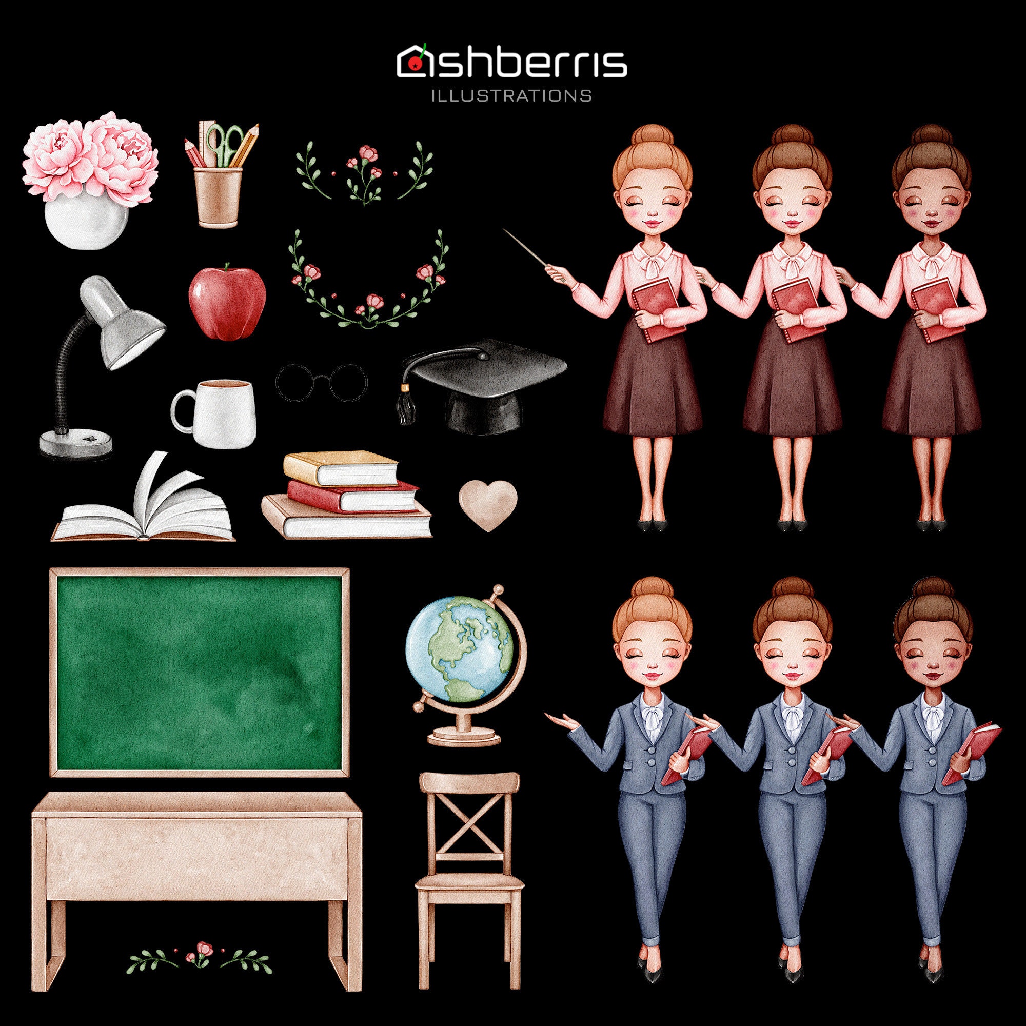Teacher Illustration & School Watercolor Clipart, Teacher Clip Art Png ...