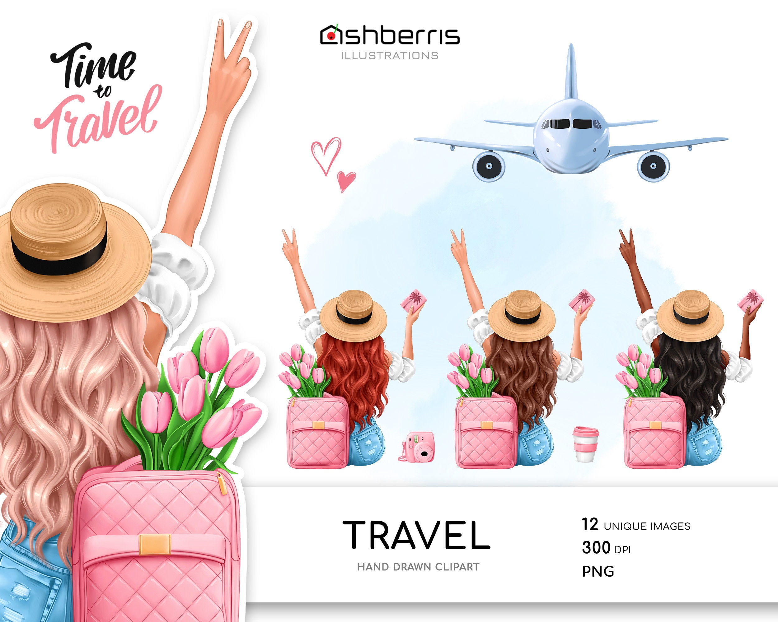 Travel Girl Clipart Elements, Summer Holiday Adventure Clip Art Fashion ...