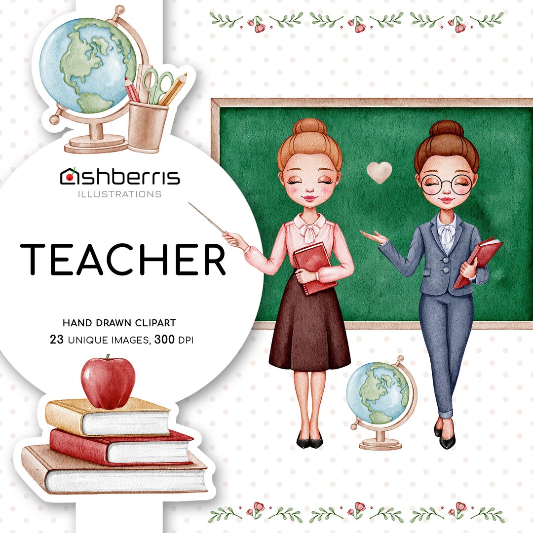 Teacher Illustration & School Watercolor Clipart, Teacher Clip Art Png ...