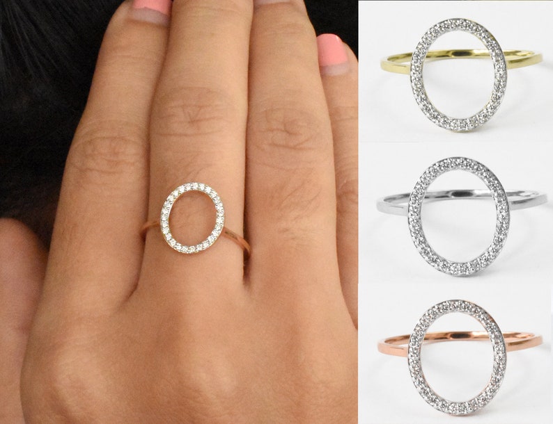 Open Circle Diamond Ring Semi oval Set in 10k 14k 18k Solid - Etsy