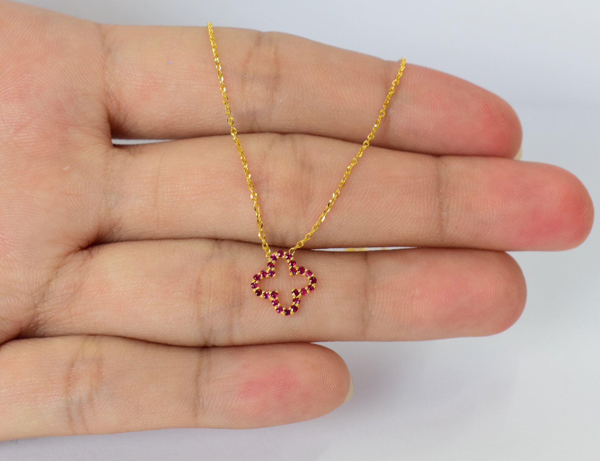 Ruby Clover Necklace in 10k 14k 18k gold/ Dainty Clover Halo | Etsy