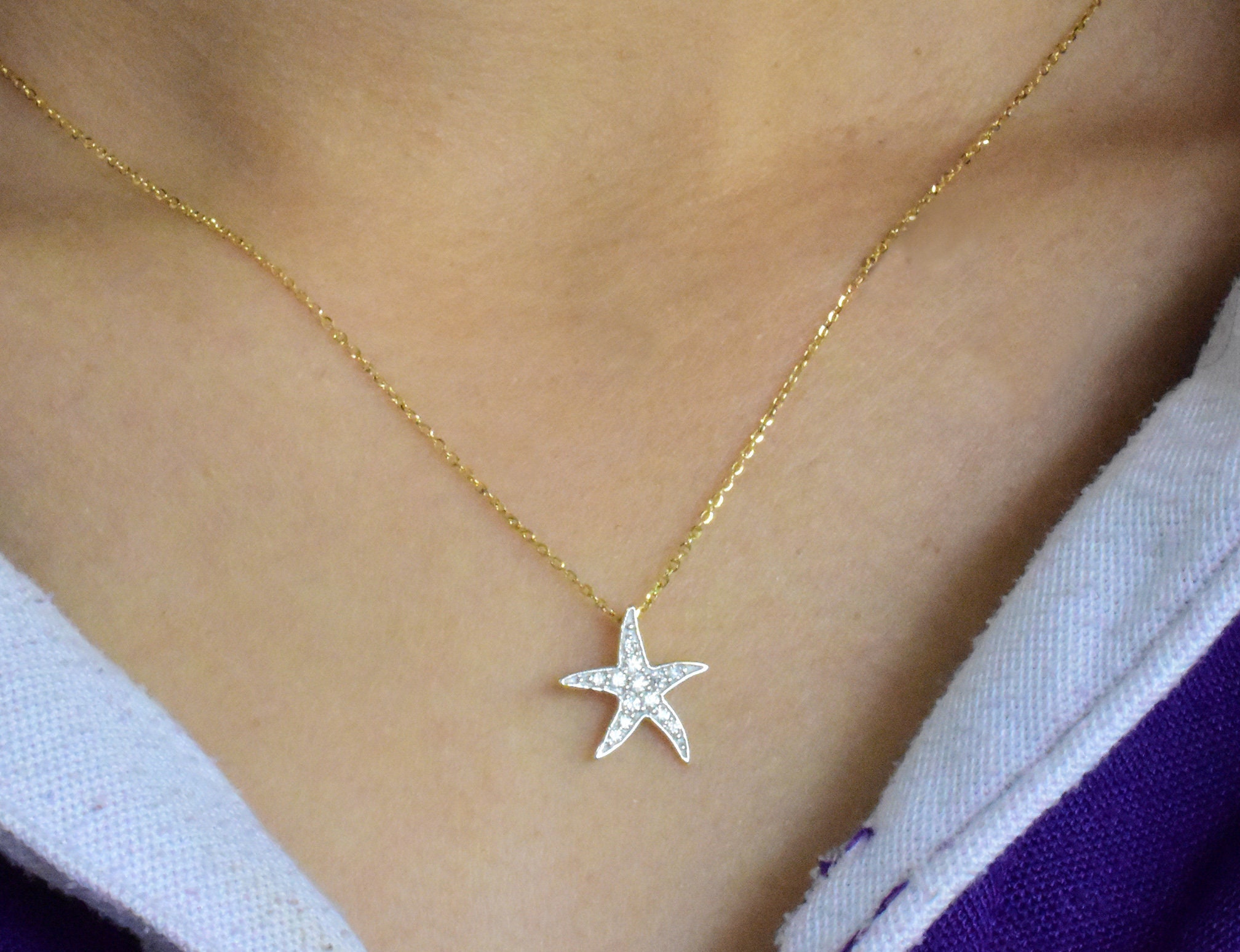 10k 14k 18k Gold Diamond Starfish Pendant Necklace / Starfish | Etsy