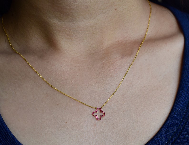 Ruby Clover Necklace in 10k 14k 18k gold/ Dainty Clover Halo | Etsy