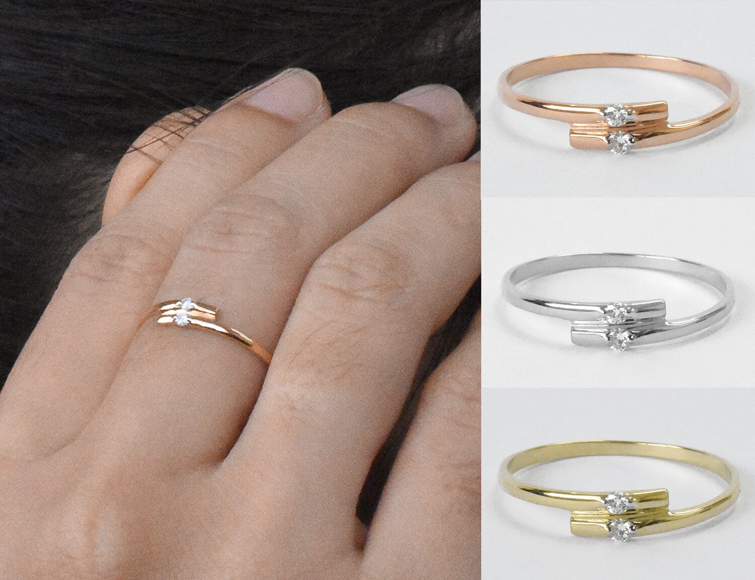 Double Diamond Ring Dual Diamond Ring 14k Gold Ring | Etsy