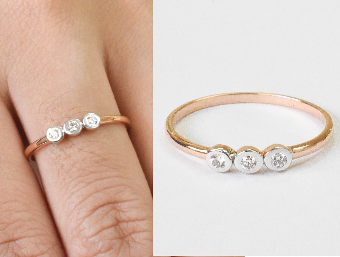 Three Stone Diamond Engagement Ring / Bezel Set Diamond Ring | Etsy