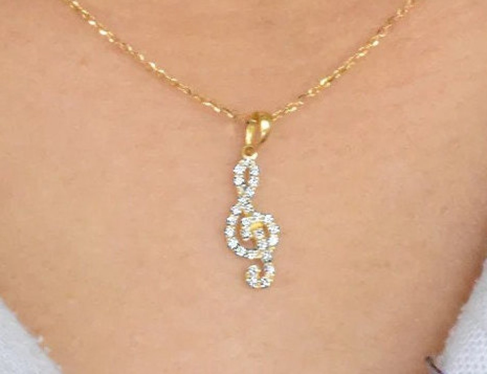 10k 14k 18k Gold Diamond Music Note Necklace / Gold Treble - Etsy