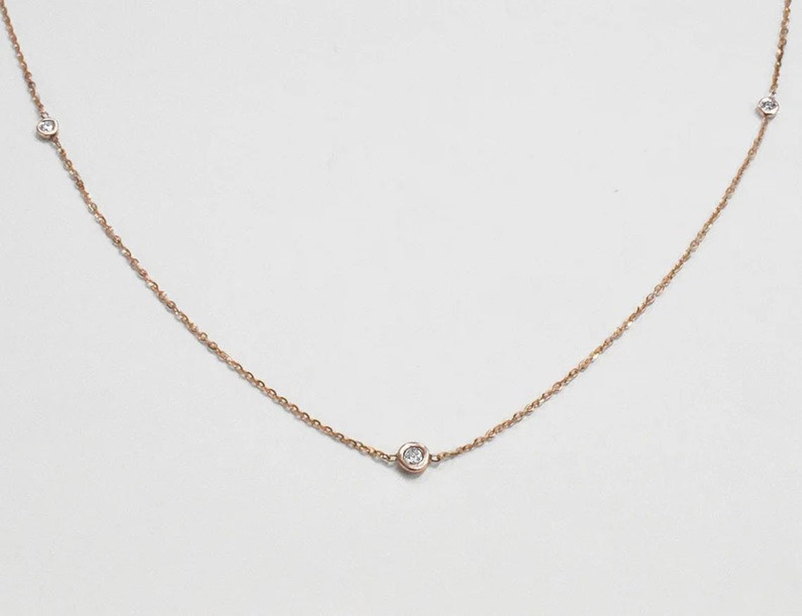 Diamond Station Necklace / Three Diamond Station Necklace / - Etsy