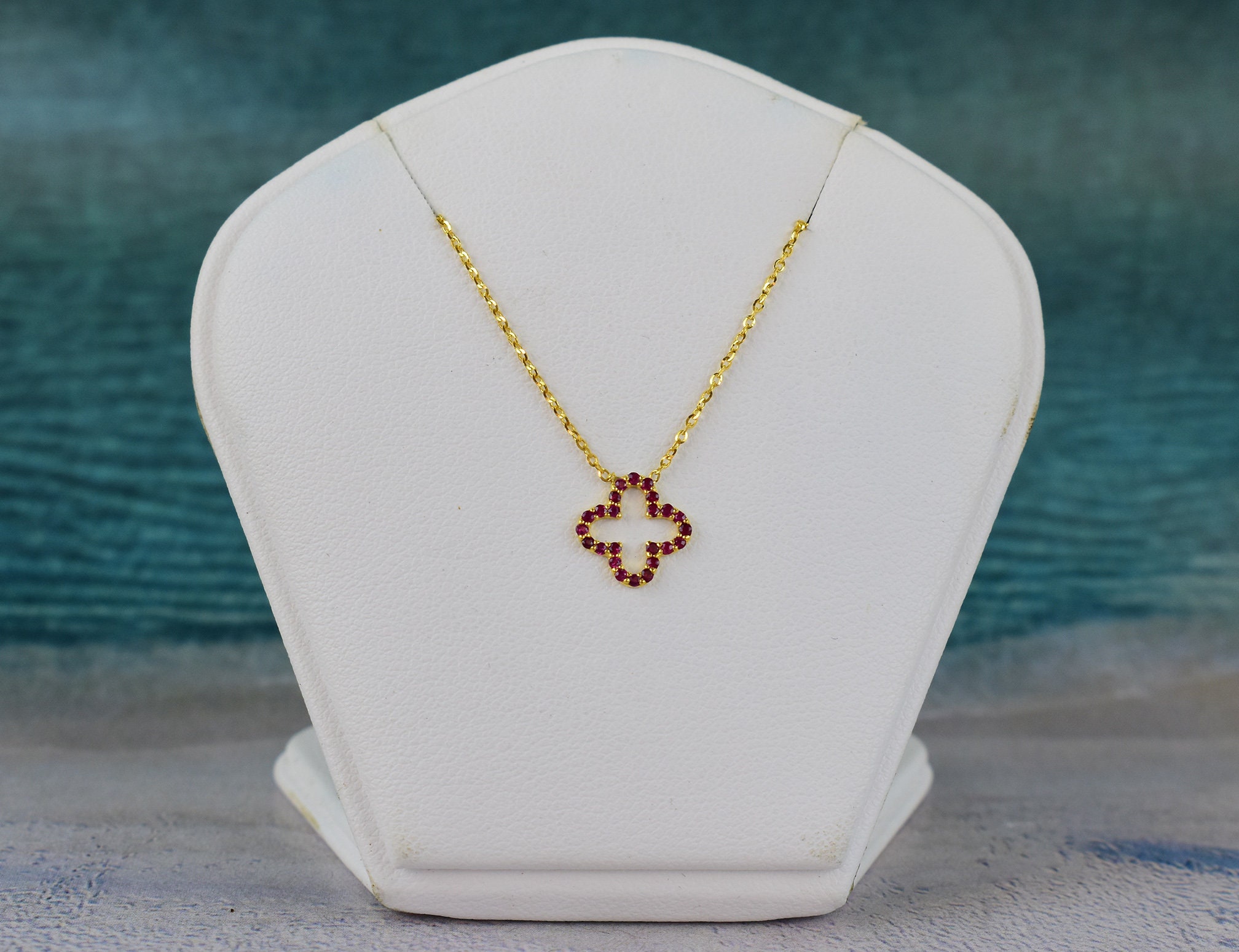 Ruby Clover Necklace in 10k 14k 18k gold/ Dainty Clover Halo | Etsy