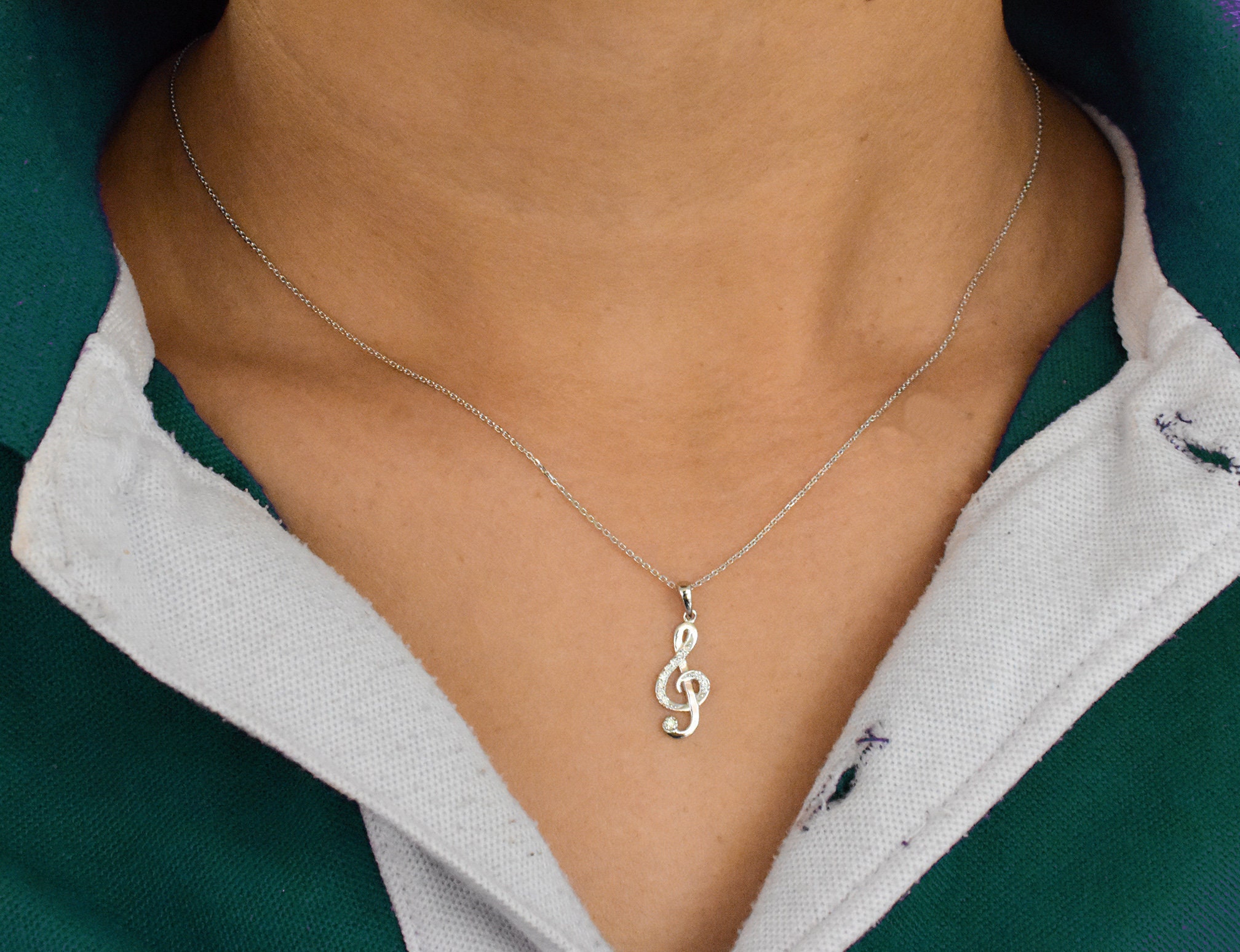 10k 14k 18k Gold Diamond Music Note Necklace / White Gold | Etsy