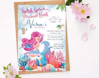 Mermaid Printable Birthday Invitation Girl's Mermaid Theme Party Invite ...