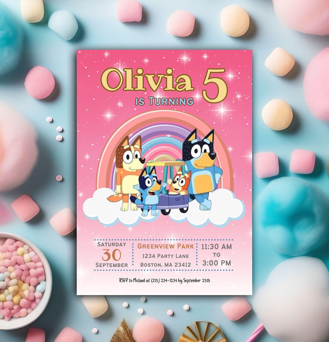 Bluey Birthday Invitation, Pink Background, Bluey Themed Birthday - Etsy UK