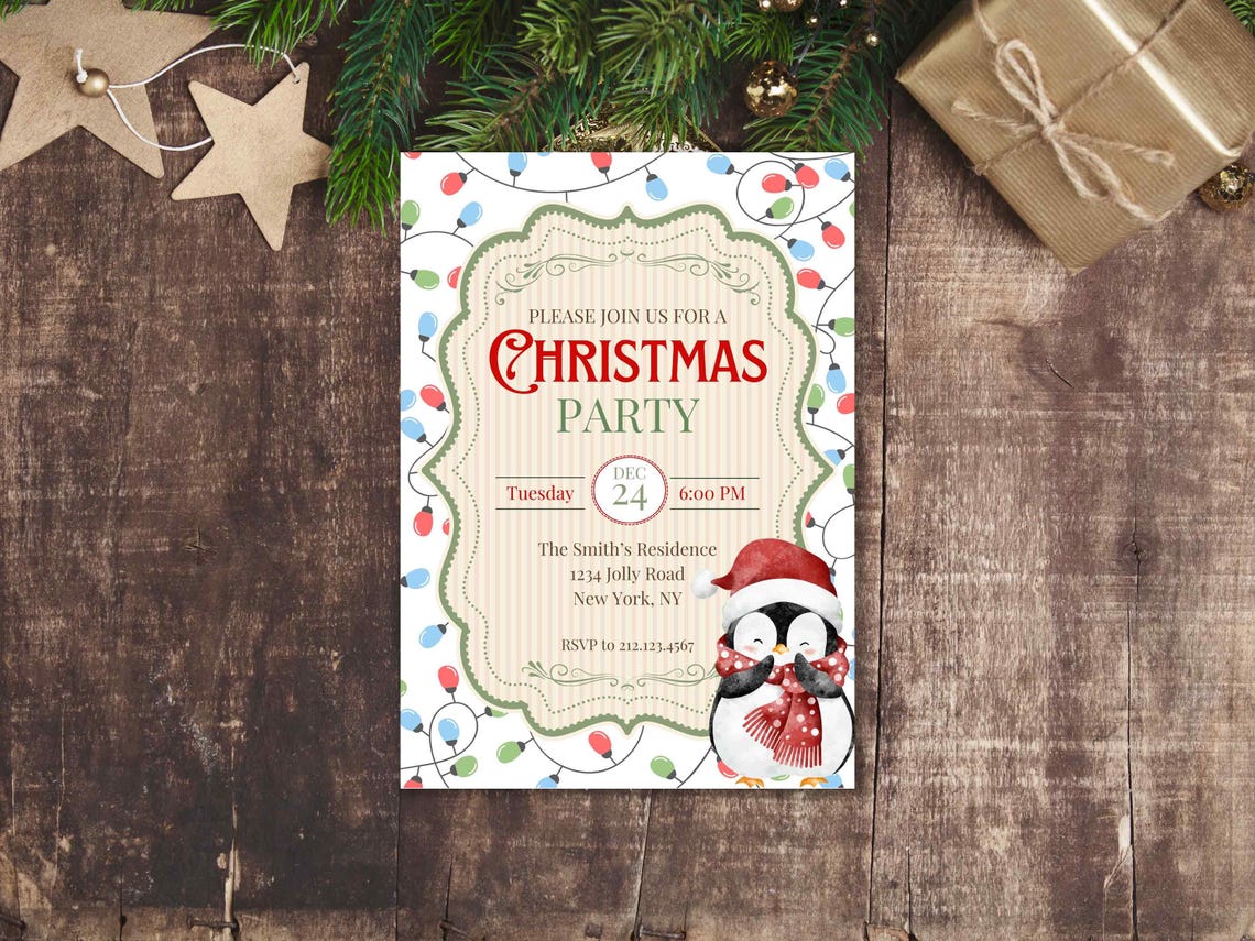 Penguin Christmas Party Tag Invitation Template With Colorful Christmas ...