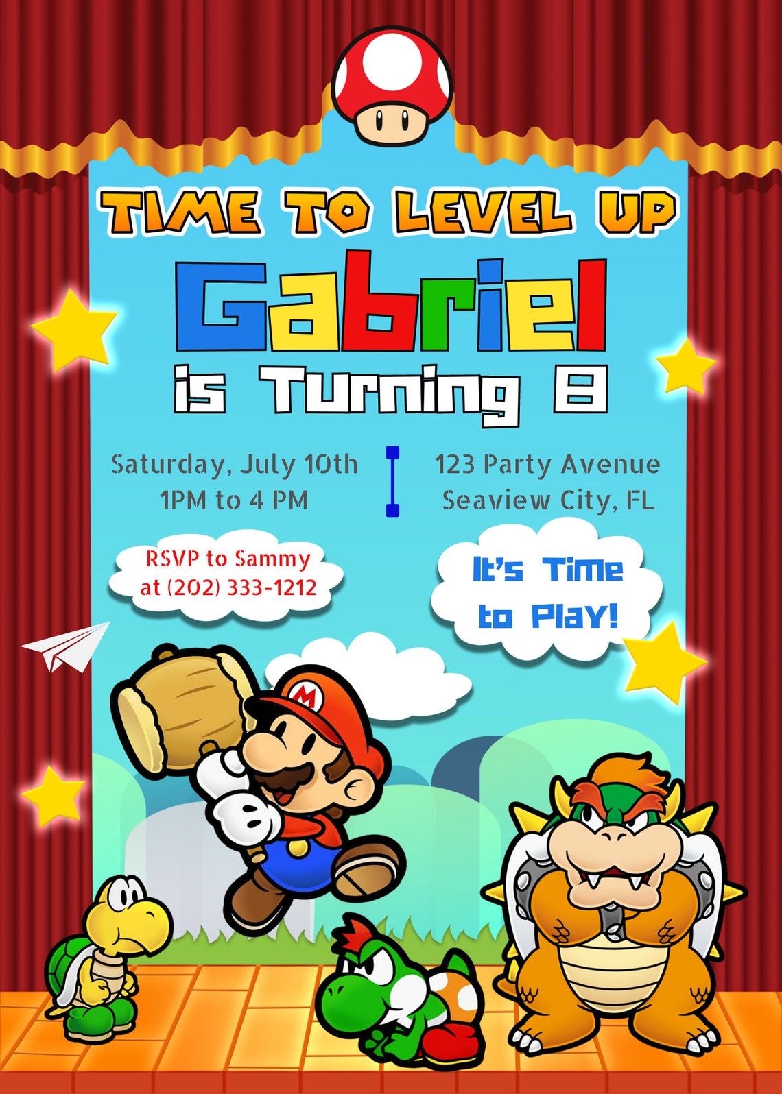 Paper Mario, Super Mario Bros Birthday Invitation, Super Mario Theme ...